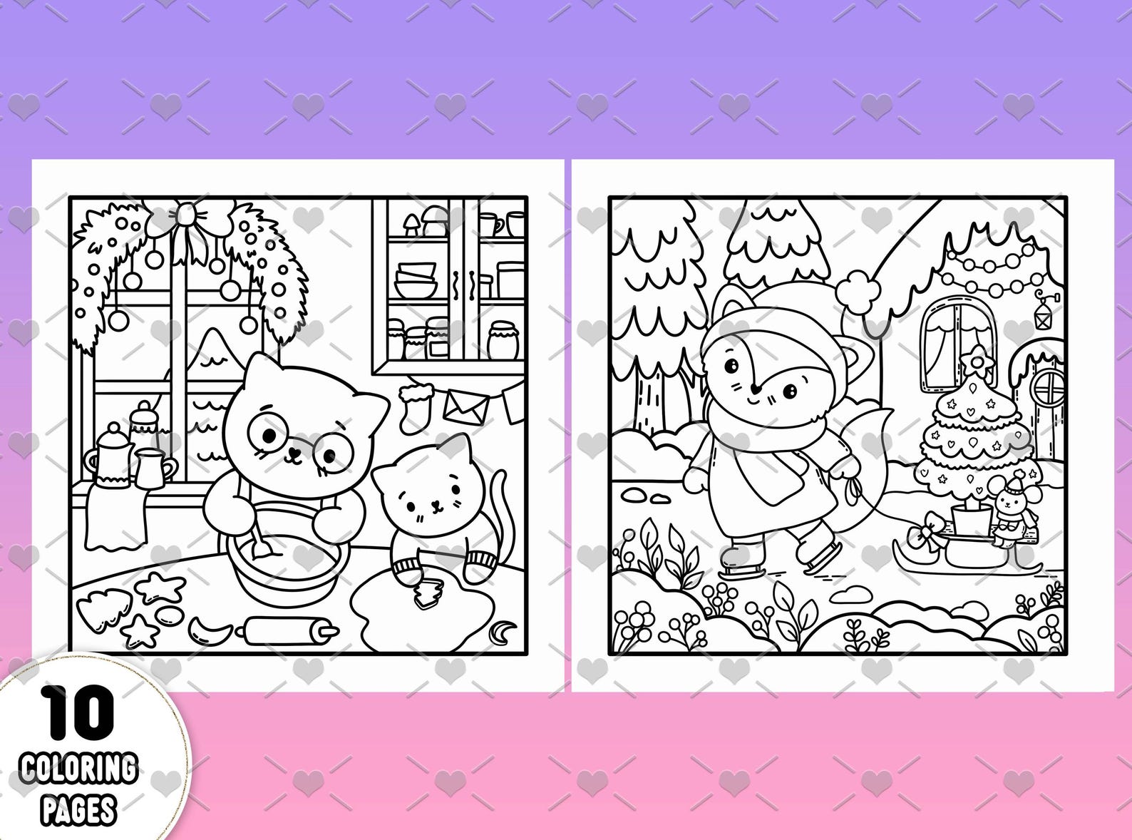 10 Christmas Coloring Pages. Cute Hand-drawn Winter Animals. Cute ...