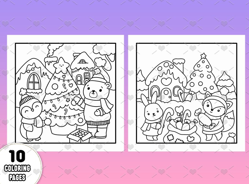 10 Christmas Coloring Pages. Cute Hand-drawn Winter Animals. Cute ...