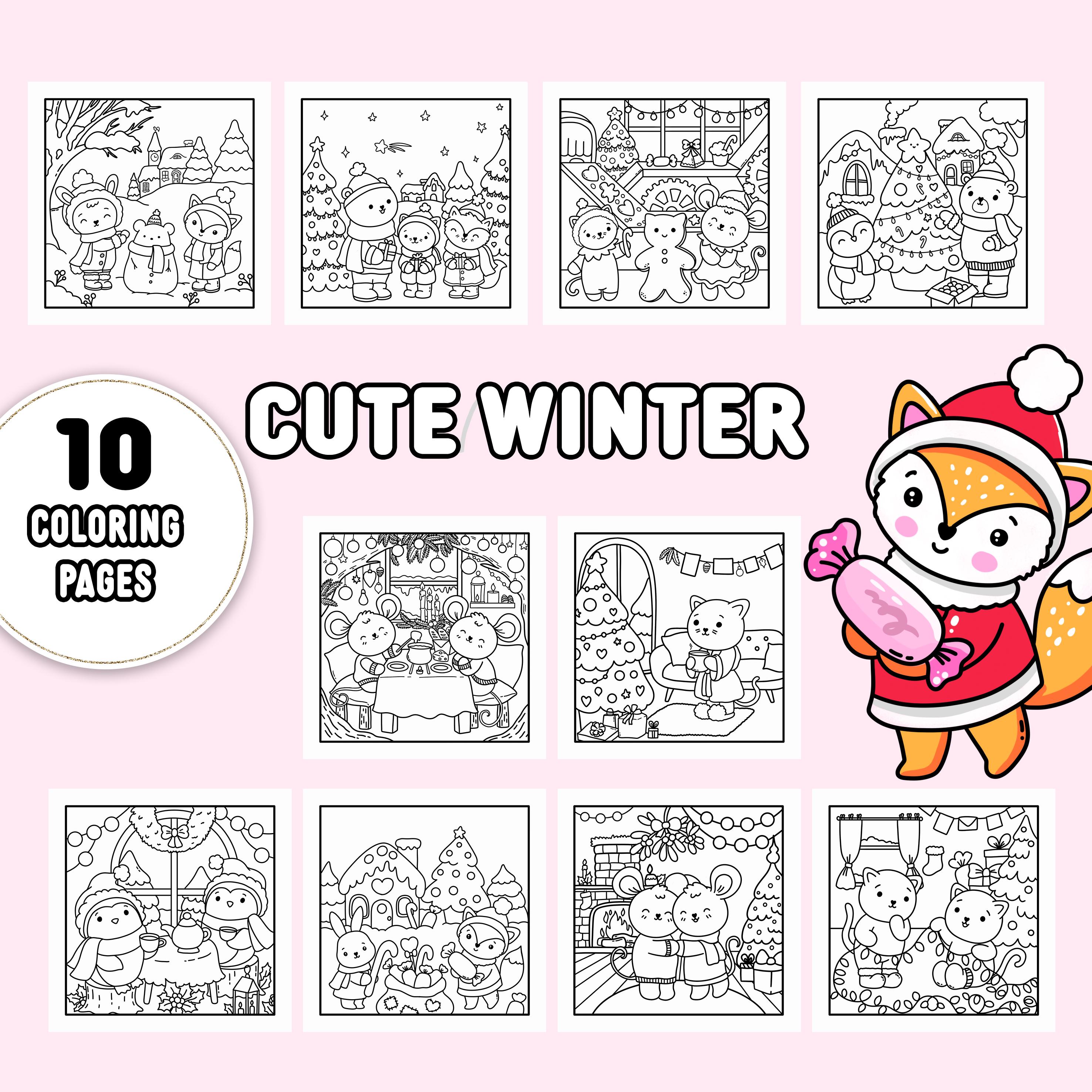 10 Christmas Coloring Pages. Cute Hand-drawn Winter Animals. Cute ...