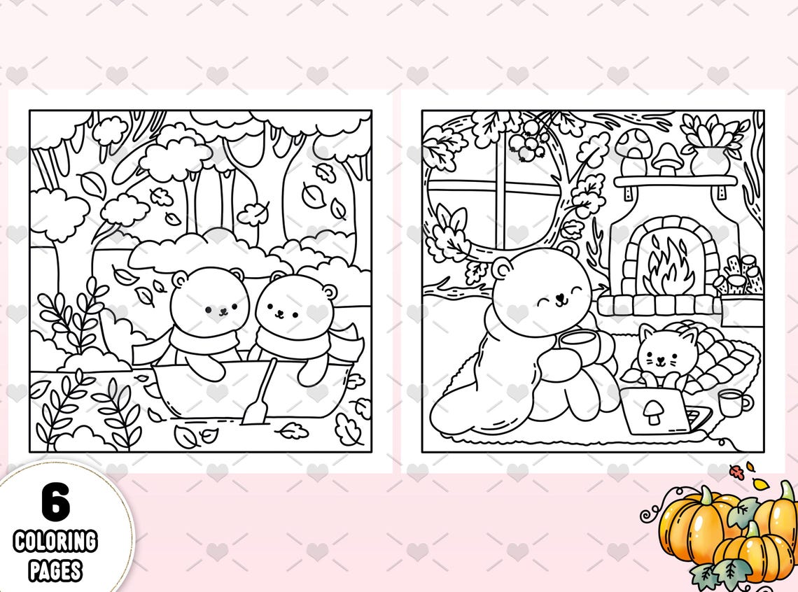 Autumn Cozy Kawaii Coloring Pages – 6 Aesthetic Hand-drawn Doodles for ...