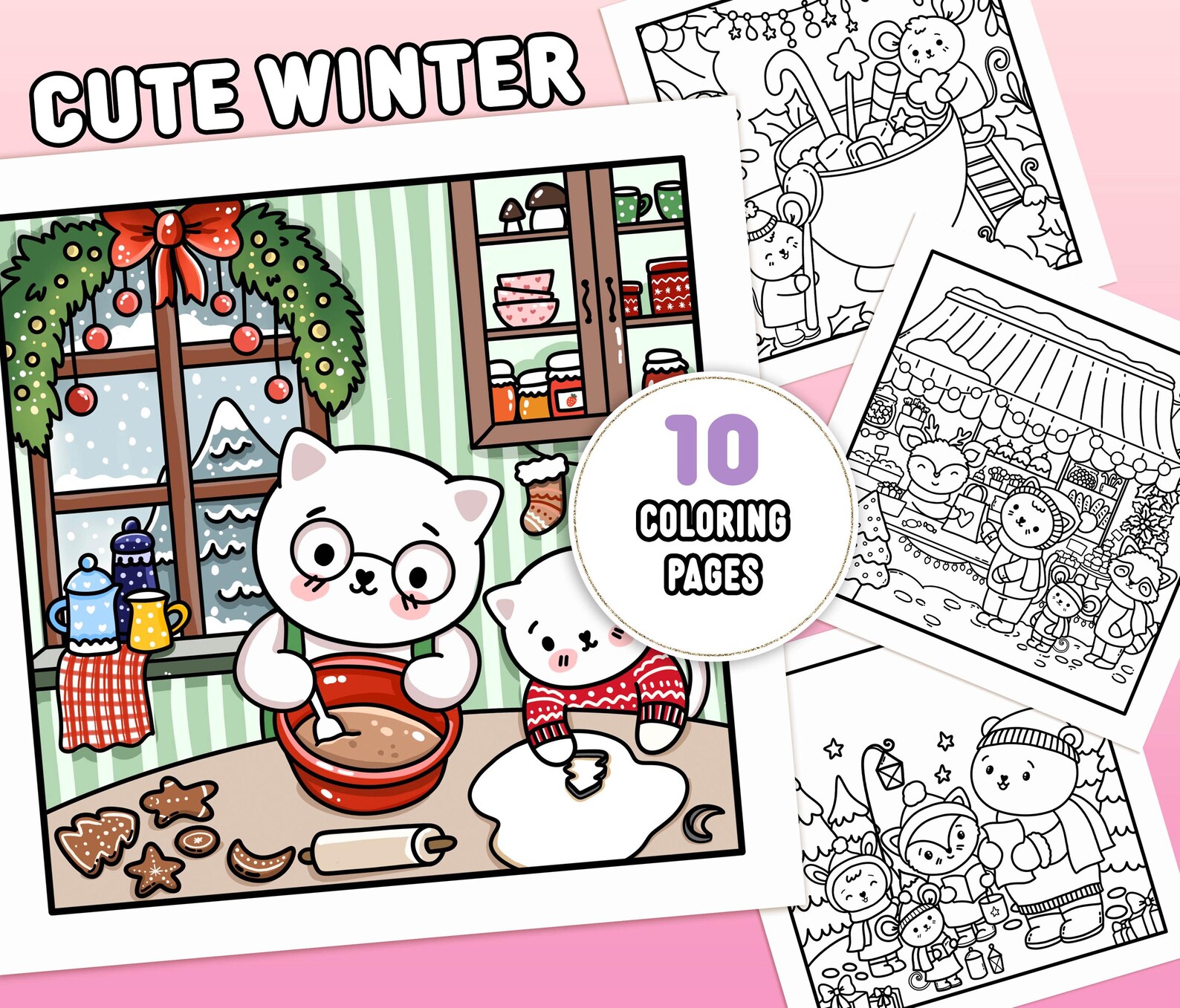 10 Christmas Coloring Pages. Cute Hand-drawn Winter Animals. Cute ...