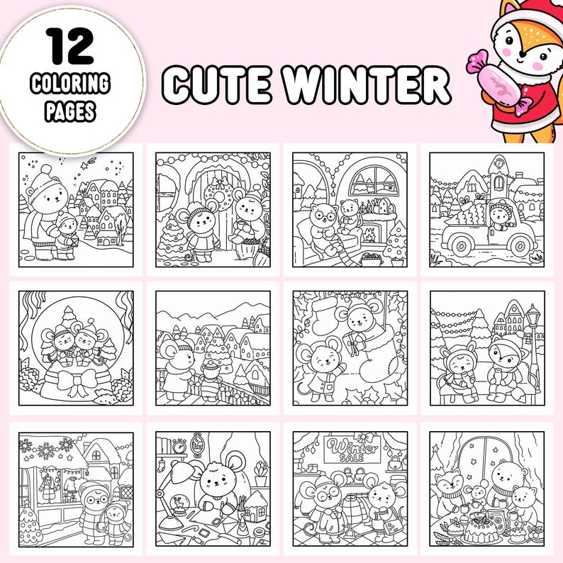 12 Christmas Coloring Pages. Cute Hand-drawn Winter Animals. Cute ...