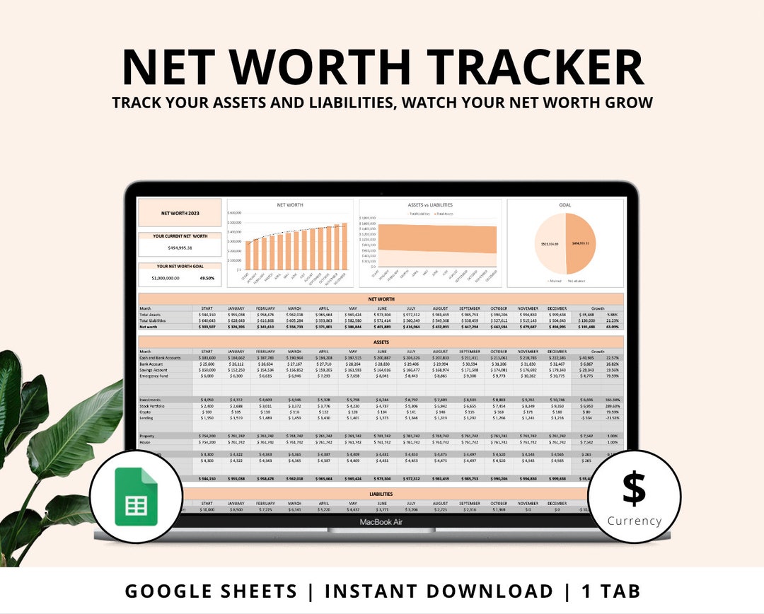 Net Worth Tracker Spreadsheet Template for Google Sheets in Dollars ...