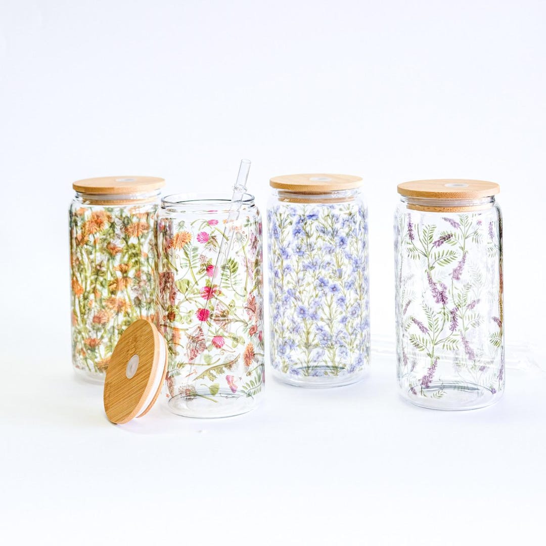 Floral Glass Tumbler Cups With Bamboo Lid & Straw - Etsy