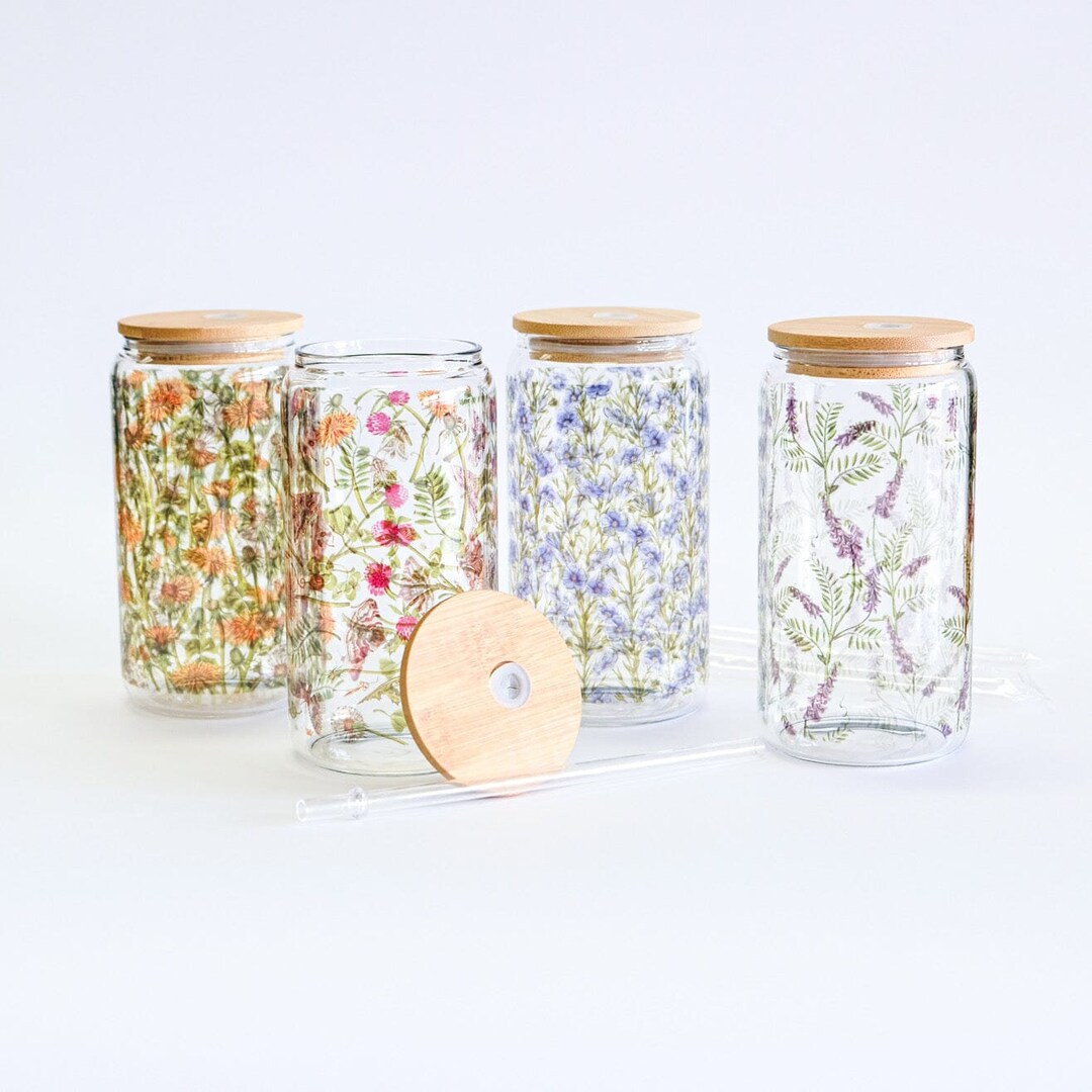 Floral Glass Tumbler Cups With Lid & Straw | Personalized Gift for ...
