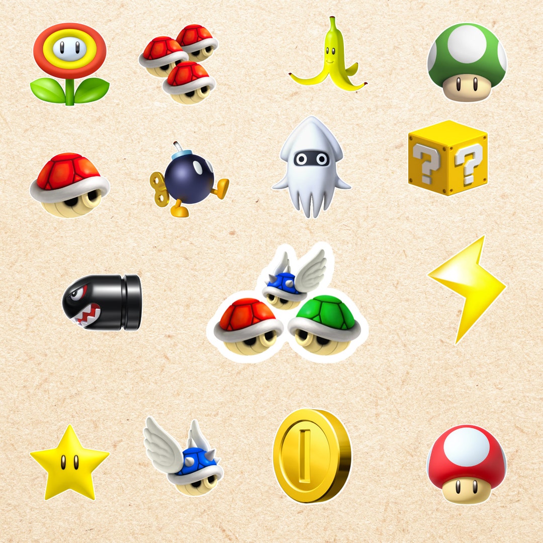 Mario Power-ups Stickers - Mushrooms, Shells, Bananas, Coins - Fun ...