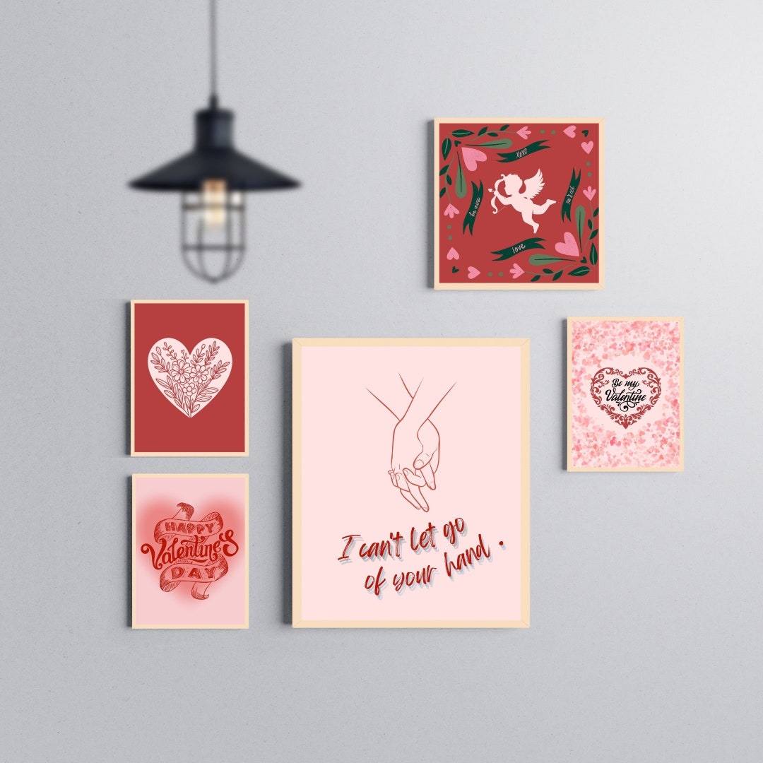 Valentine Wall Art Set of 5, Romantic Gallery Wall, Valentines Day Pink ...