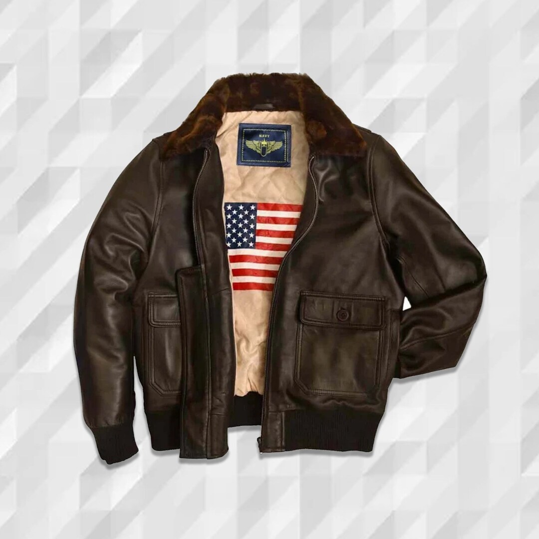 Handmade Flight Leather Jacket Premium US Bomber A2 Jacket Men Navy G-1 ...