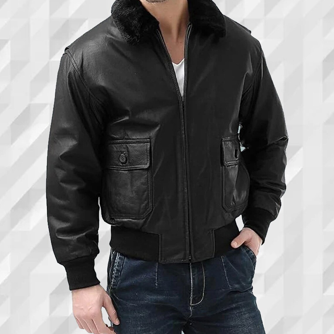 Handmade Flight Leather Jacket Premium US Bomber A2 Jacket Men Navy G-1 ...