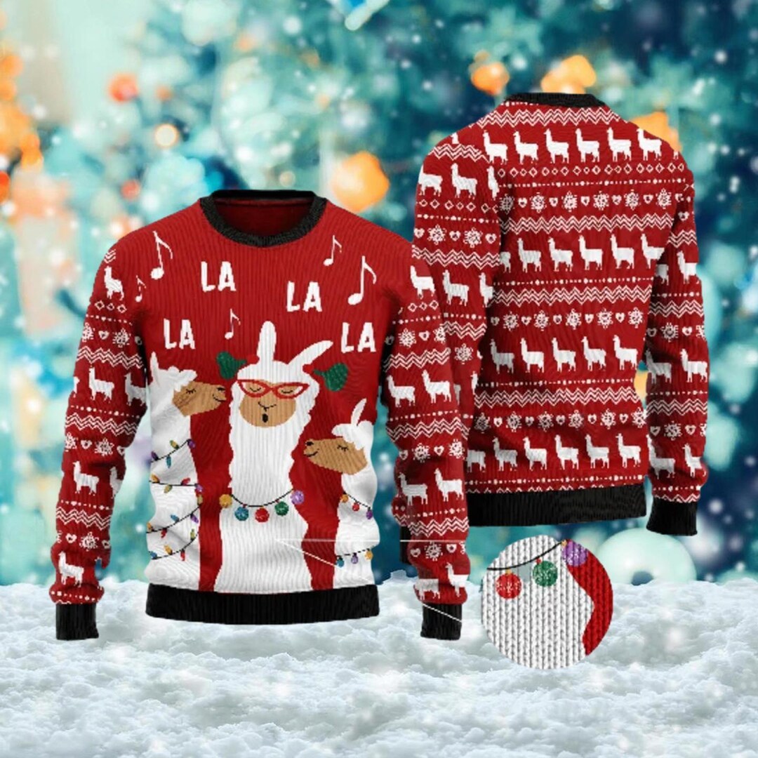 Three Llamas Singing Ugly Christmas Sweater, Llama La La La Xmas ...
