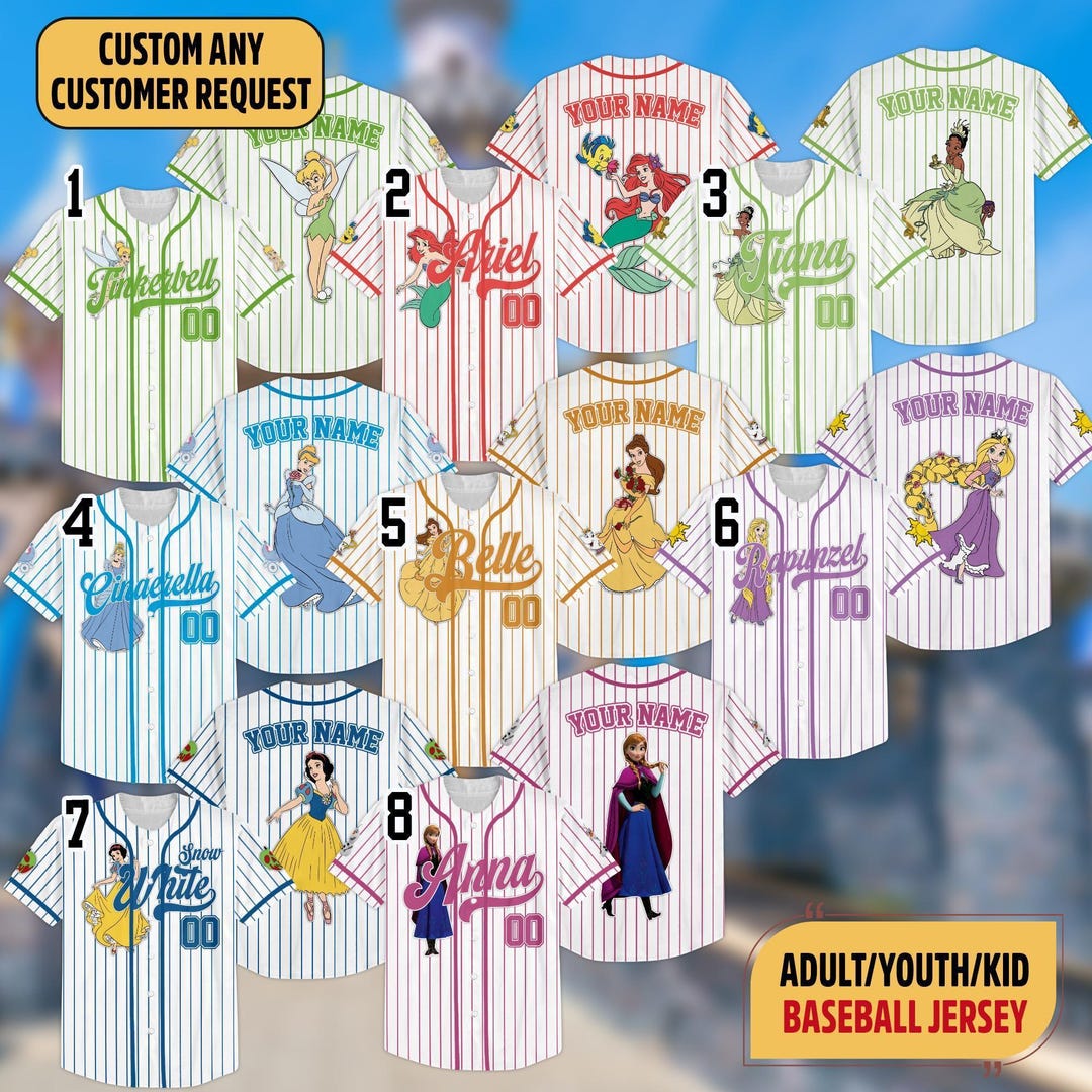 Custom Disney Princess Baseball Jersey, Custom Tiana Tinker Bell Ariel ...