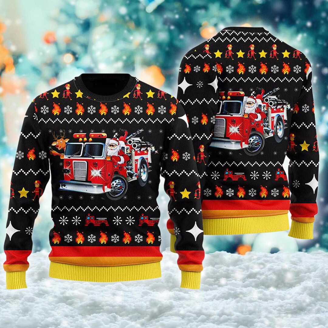 Fireman Firefighter Firemas Ugly Christmas Sweater, Fire Truck Xmas ...