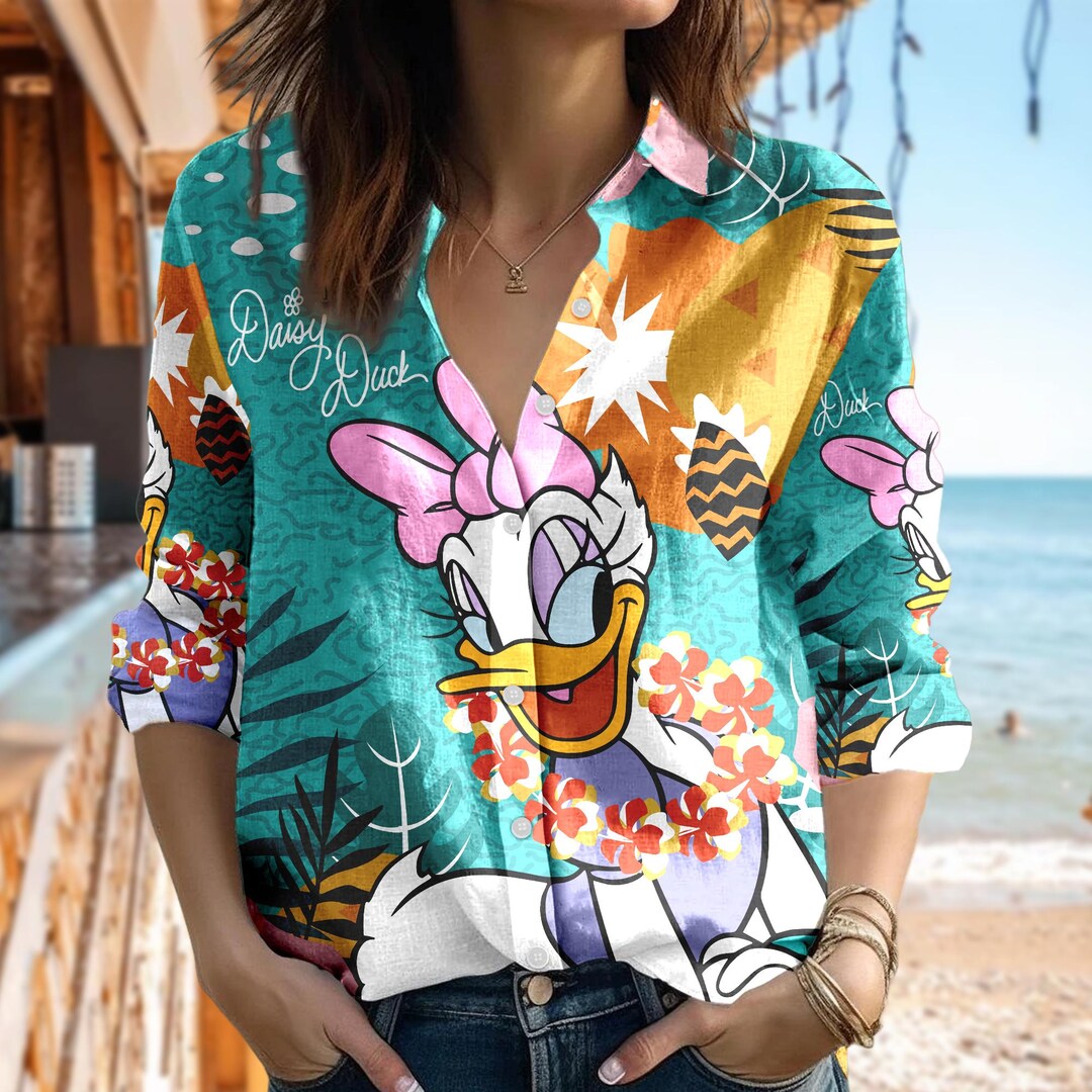 Floral Daisy Duck Linen Shirt, Animated Daisy Duck Long Casual Shirt ...