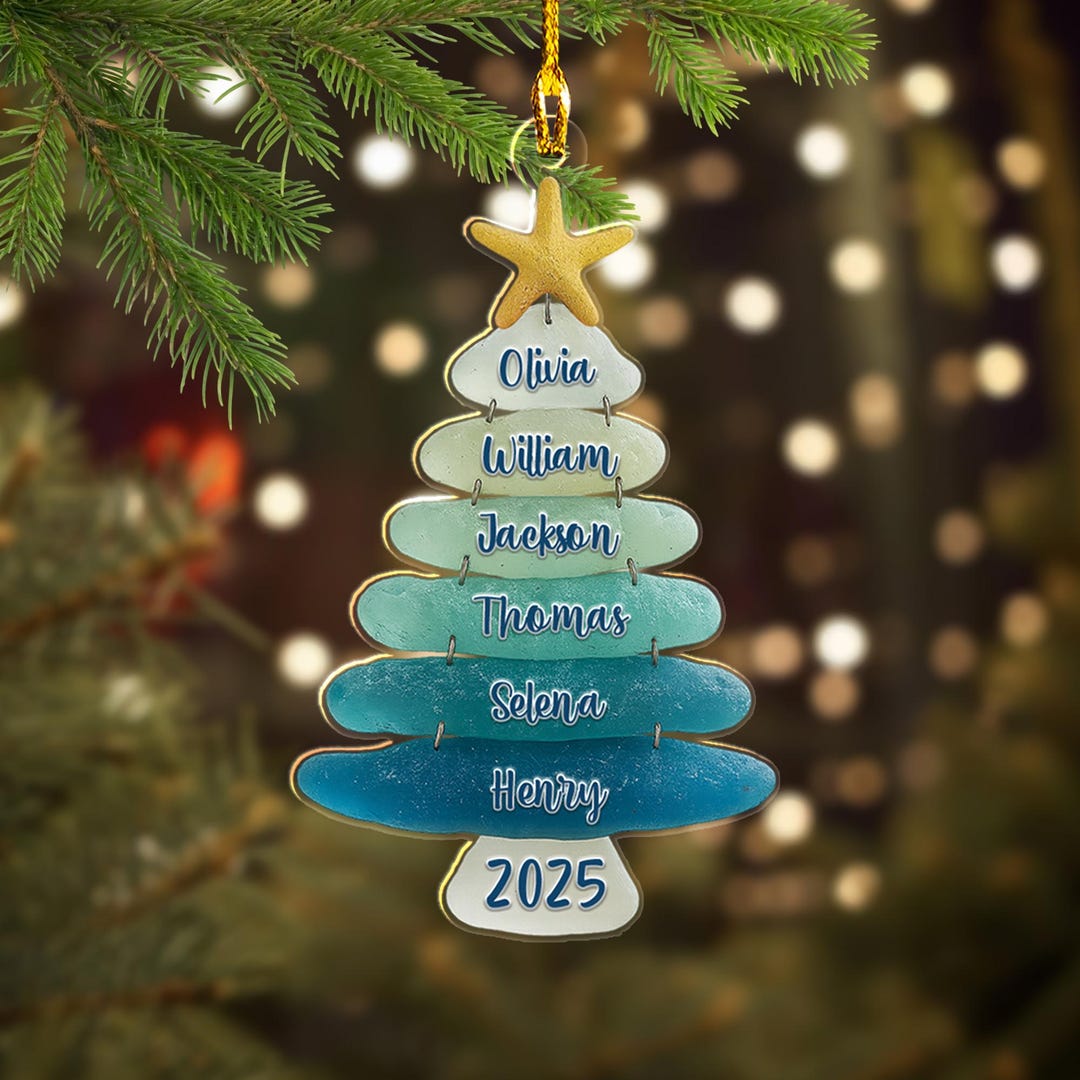Personalized Sea Glass Family Tree Ornament, Custom Big Family Name ...