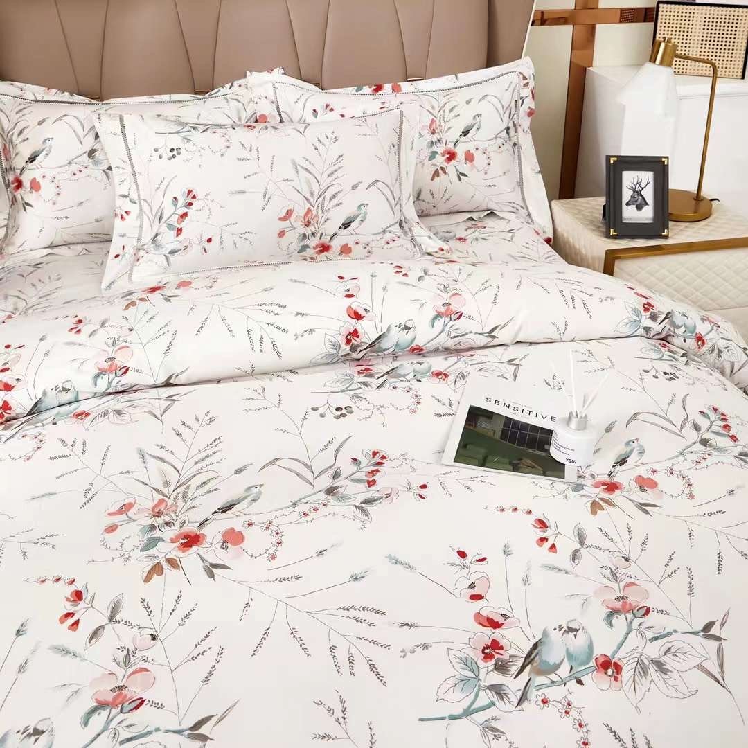 Satin Queen Bedding Set, Flowers and Birds Cottagecore Bed Set ...