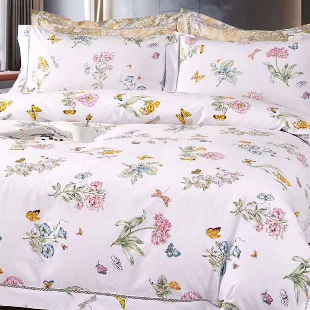 Floral Queen Bedding Set With Flowers and Butterfly, Bamboo Comforter ...