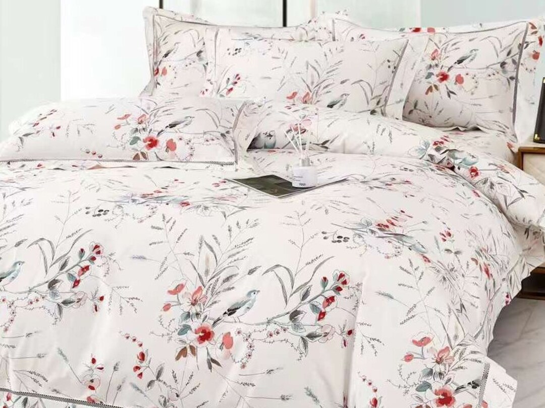 Satin Queen Bedding Set, Flowers and Birds Cottagecore Bed Set ...