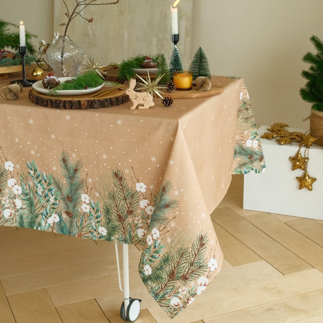 Christmas Tablecloth Rectangle. Fir Branches and Cotton Bolls Oilcloth ...
