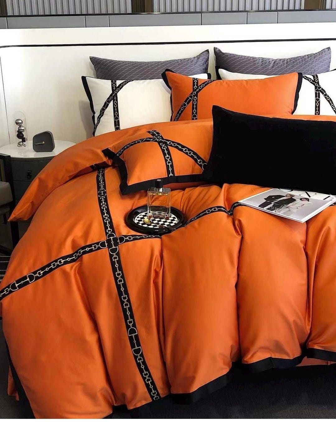 Orange Bedding Set Queen With Comforter. Satin Bedding, Mid Century ...