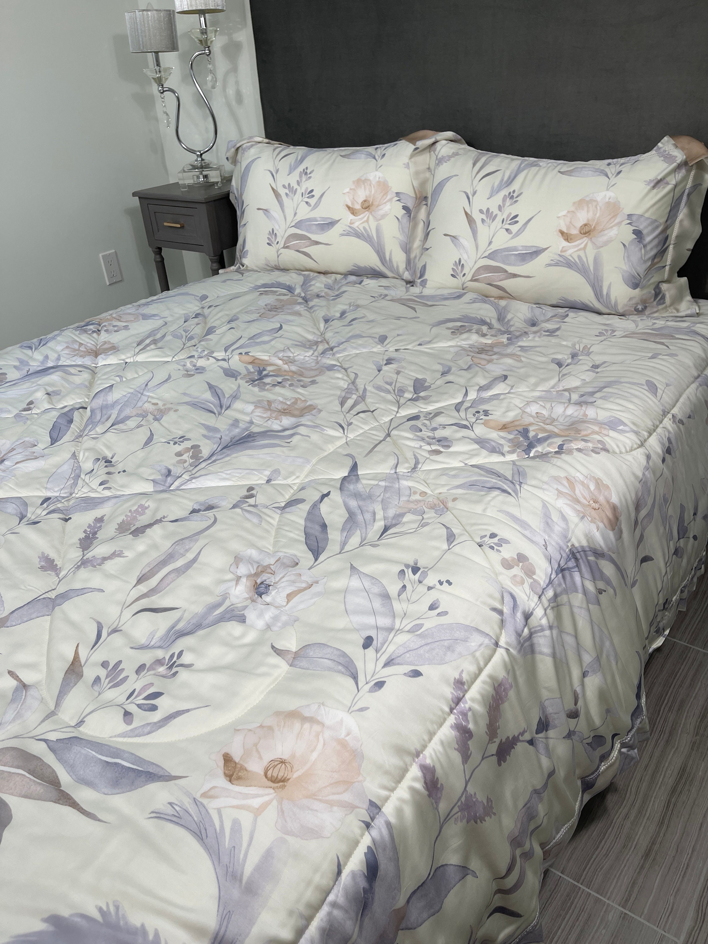 Simple Floral Botanical Bedding Set Queen Quilt Comforter Set, Tencel ...