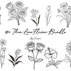 50 Thin Line Flower Bundle, Clipart Pack, Flowers, Thin Line Flowers ...
