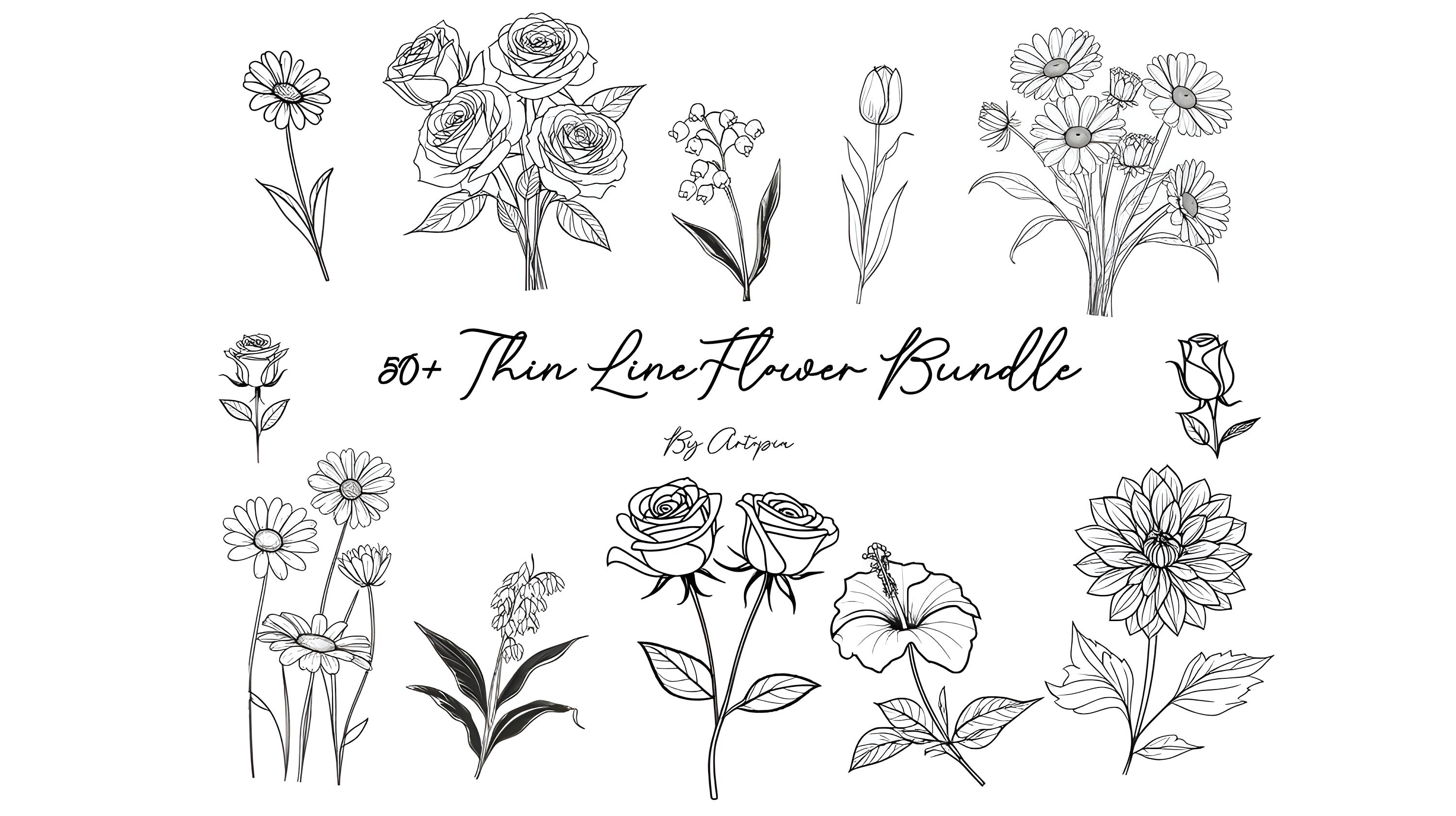 50 Thin Line Flower Bundle, Clipart Pack, Flowers, Thin Line Flowers ...