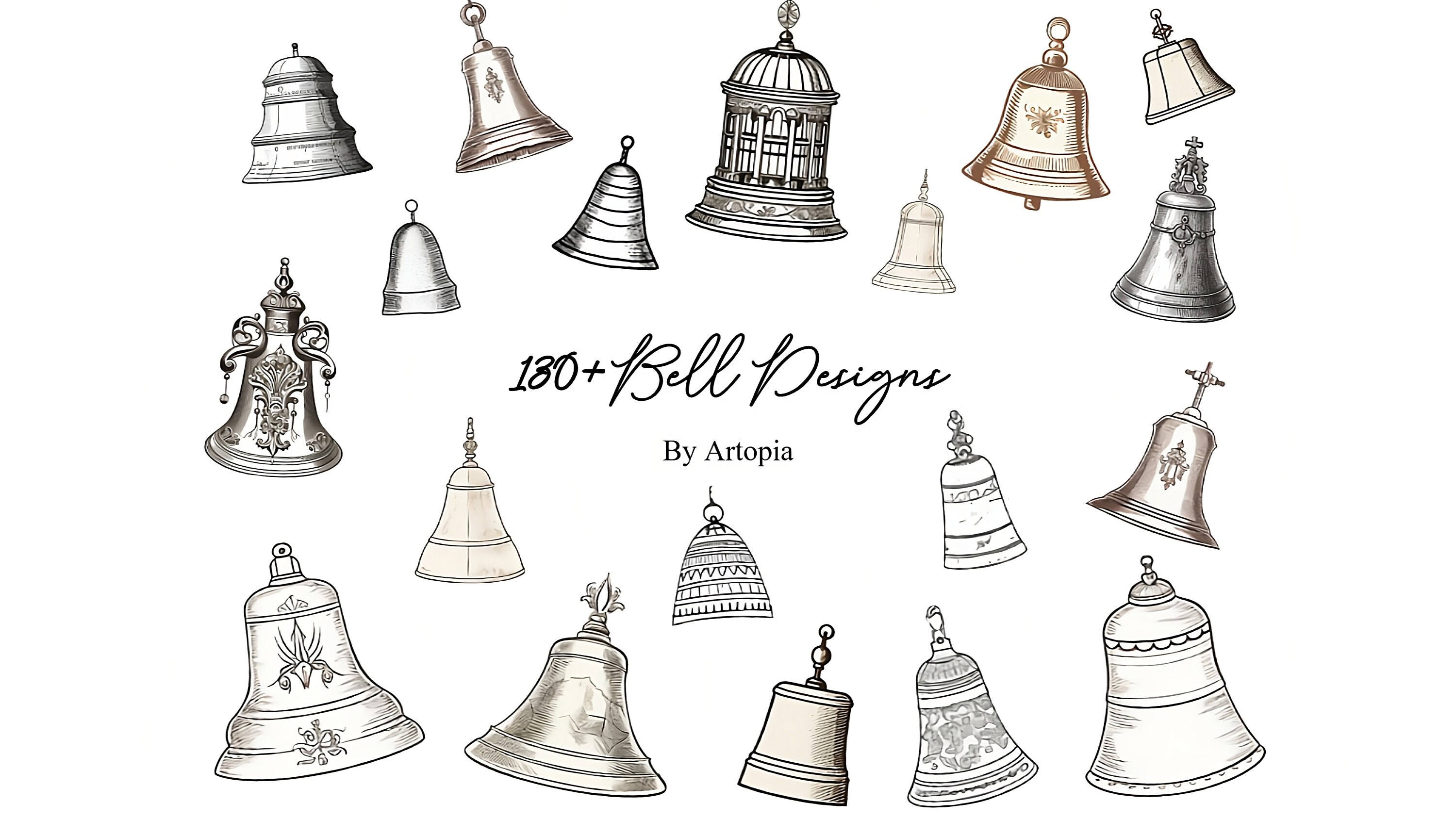 130+ Bell Designs, Clipart PNG, Vintage Bells, Realistic Bells, Fine ...