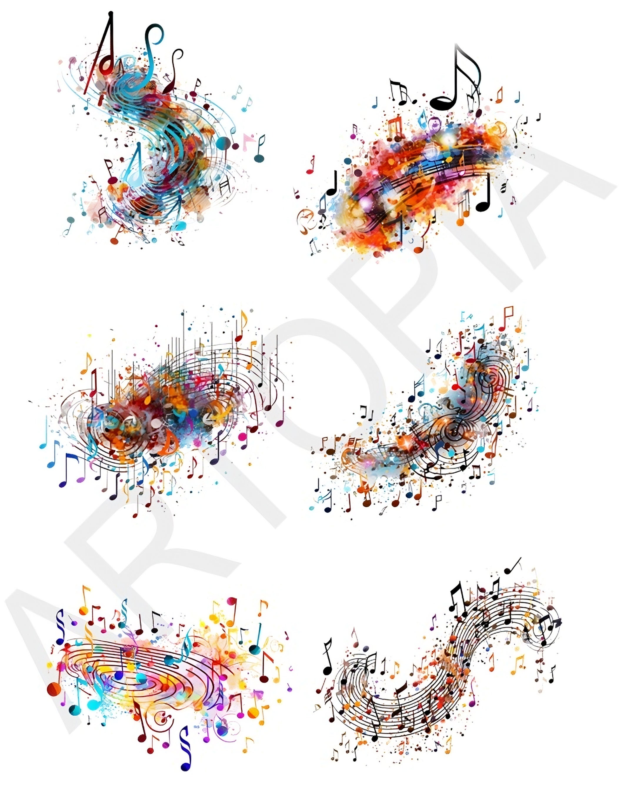Music Notes, Colorful Music Note Prints, Piano, Guitar, Brass ...