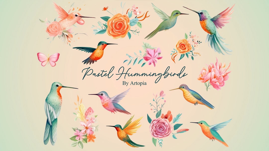 Pastel Hummingbirds Clipart, Bundle Hummingbirds and Flowers, Pastel ...