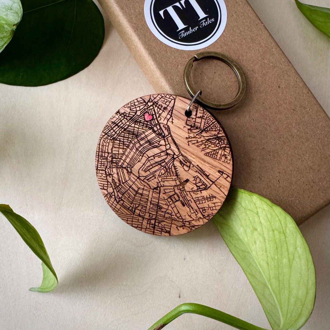 Personalized Map Keyring of Any City Location | Solid Oak Customisable ...