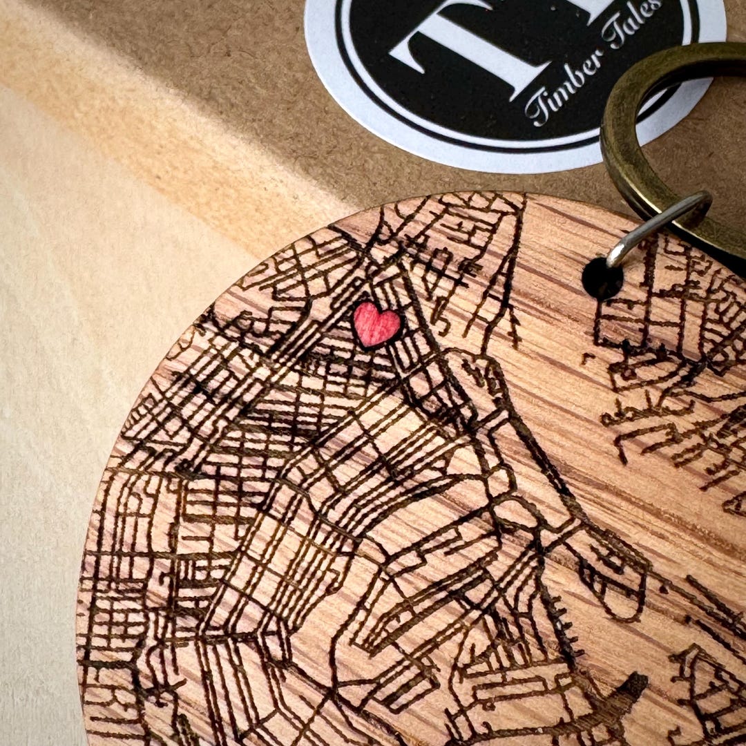 Personalized Map Engraved Keyring of Any Location Solid Oak Wood ...