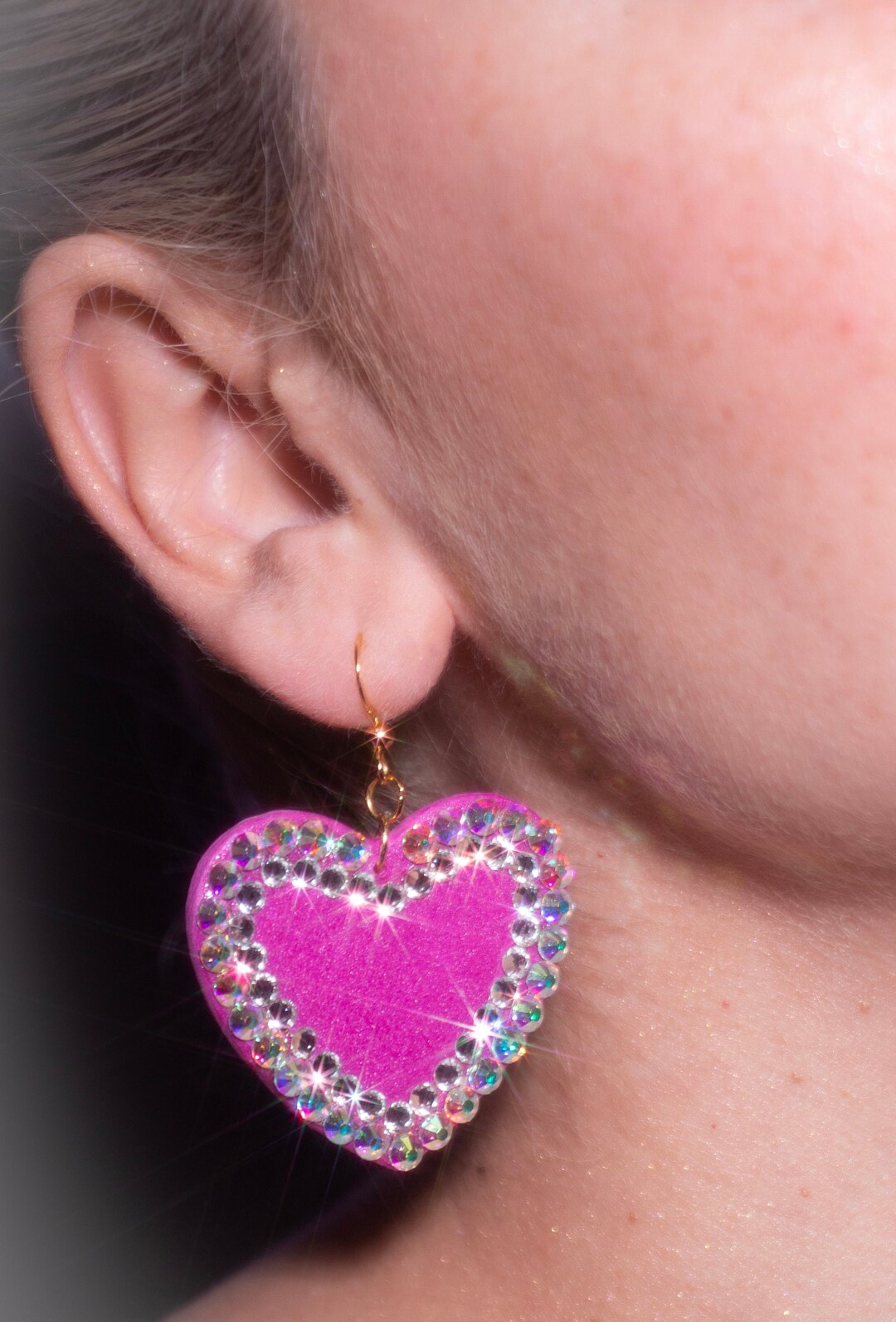 Barbie Core Fuchsia Bedazzled Heart Earrings - Etsy