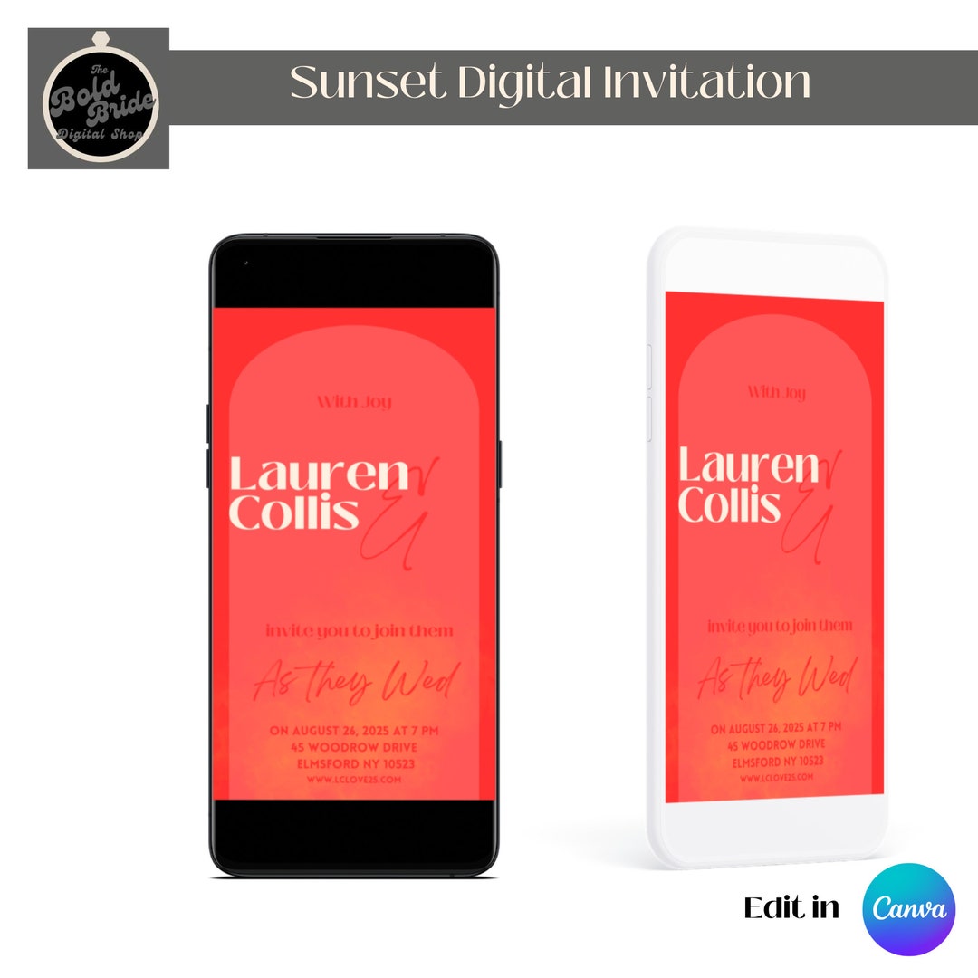 Plantilla de invitación de boda digital brillante con tema Sunset ...