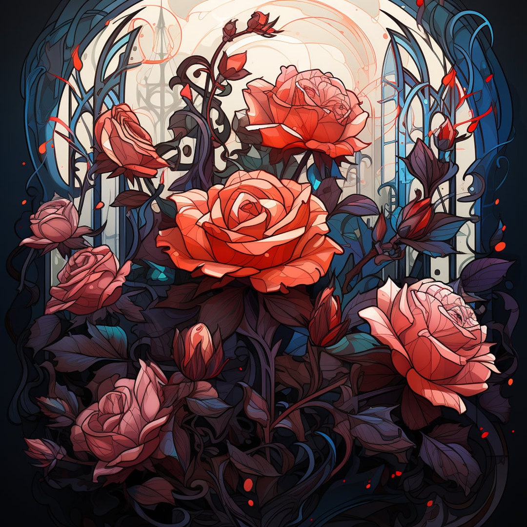 Dark Victorian Gothic Sunset Rose Tapestry, Stained Glass Rose Wall Art ...