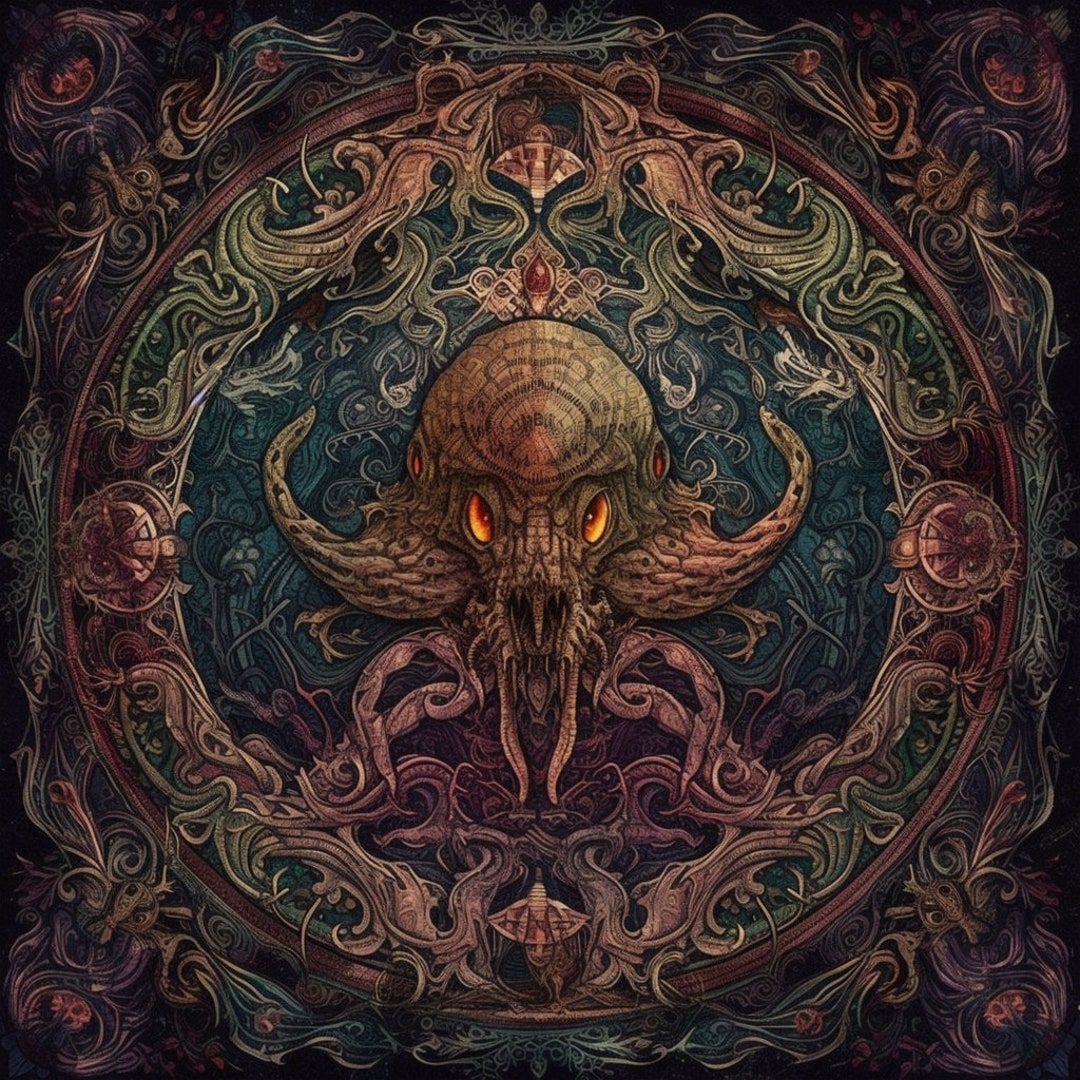 Gothic Eldritch Tapestry, Gold Cryptid Horror Figure Decor, Green Tarot ...