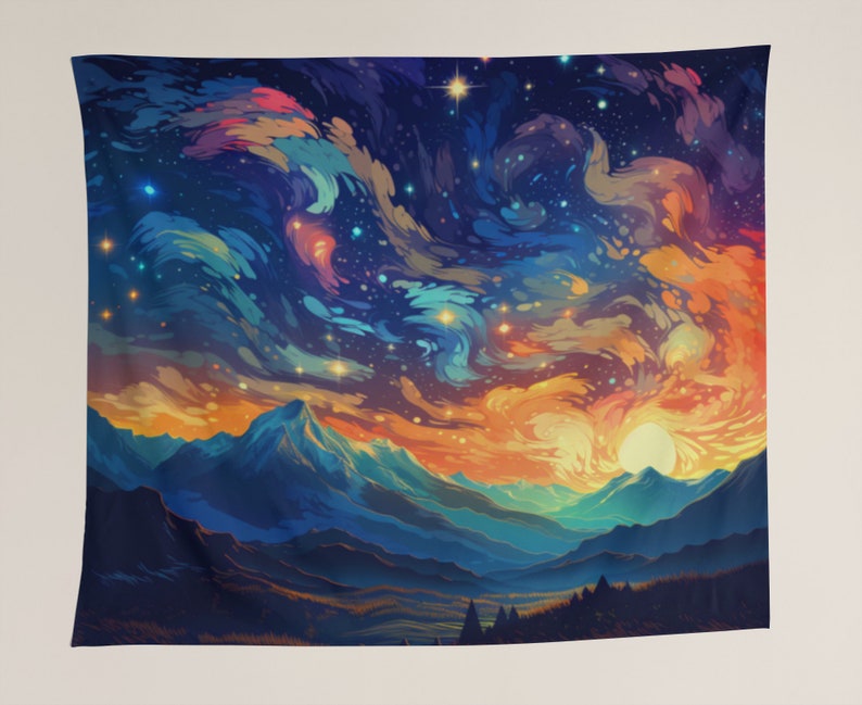 Starry Night Sky Tapestry Decor, Sunset Tapestry, Abstract Mountain ...