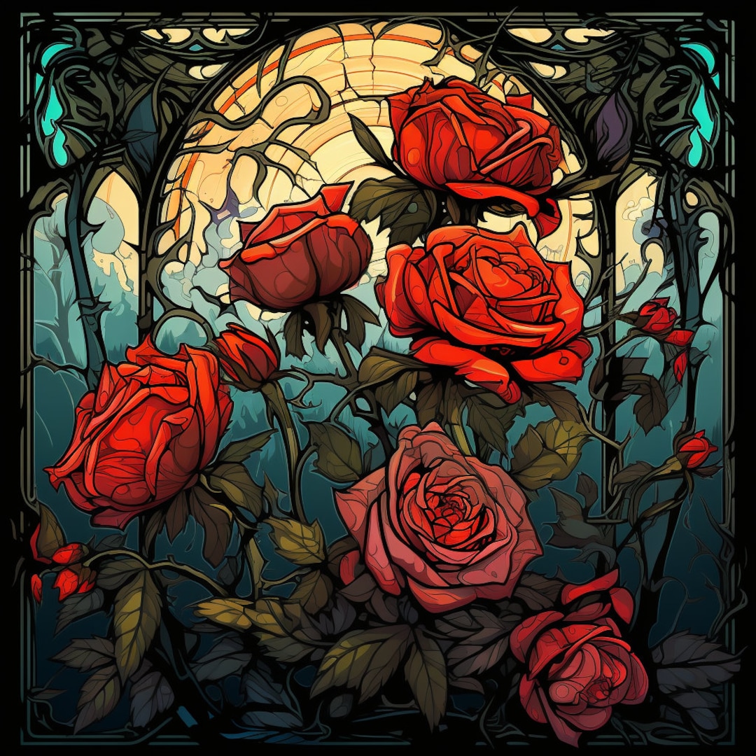 Dark Victorian Gothic Sunset Rose Tapestry, Stained Glass Rose Wall Art ...