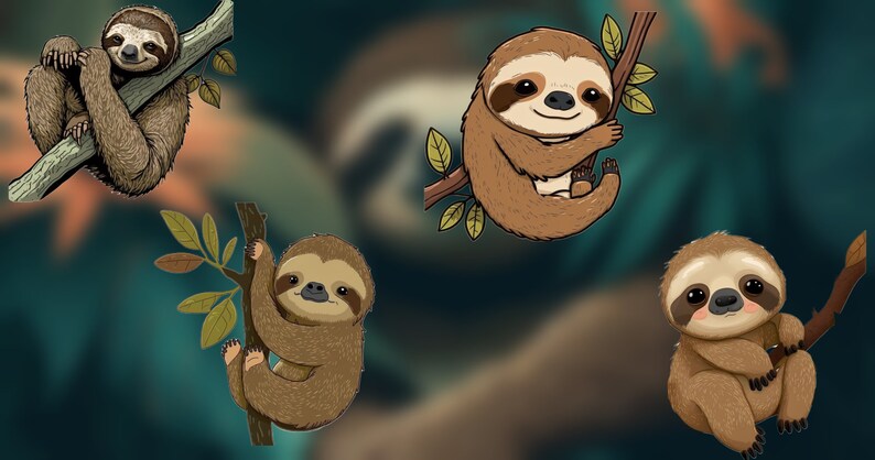 8 Sloths Clipart- Rain Forest, Jungle, Animals, Lazy, Sleepy, Slow ...