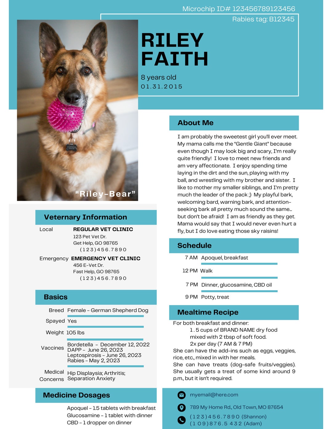 Pet Profile, Cat Dog Resume, House/pet Sitter Information, Pet Page ...