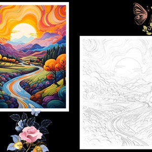 35+ Mountain Valley Landscape Coloring Pages With Guidelines: Printable ...