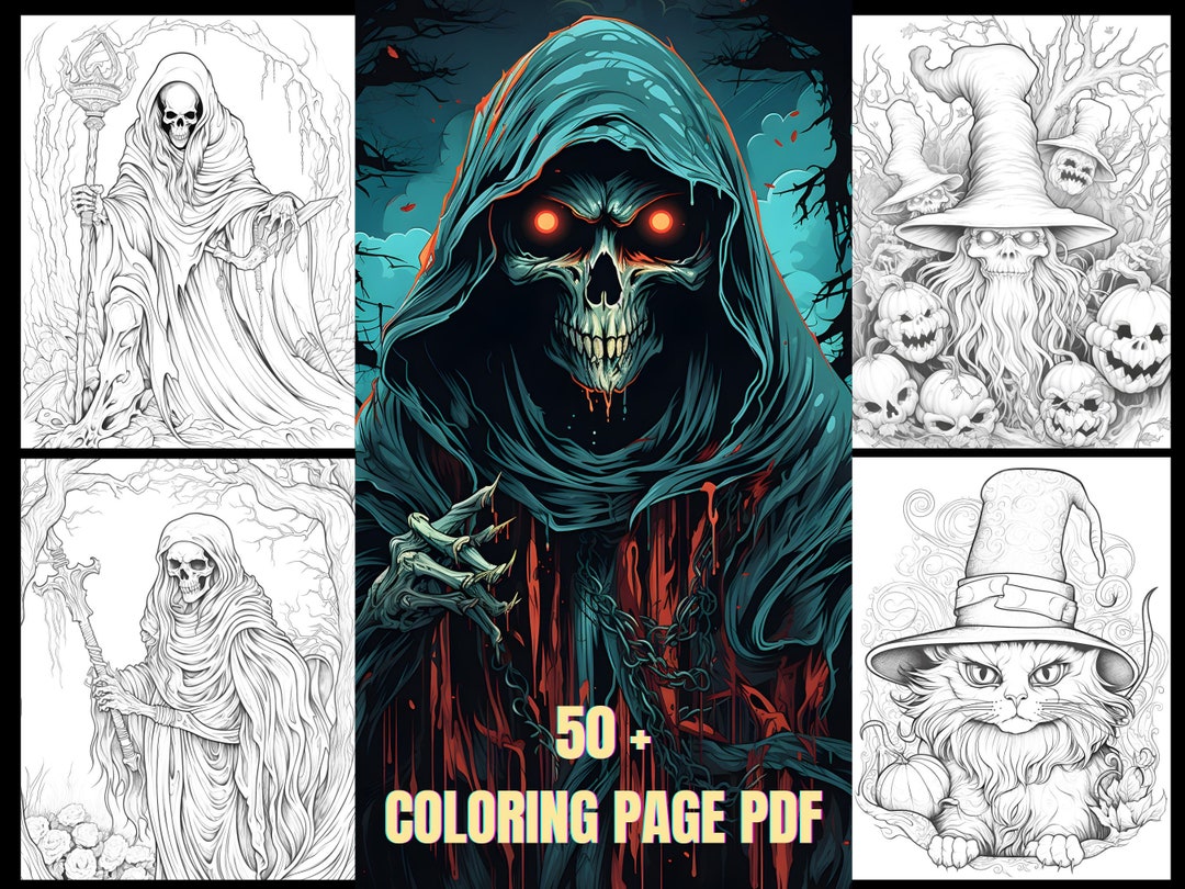 Spooky Shadows Adult Coloring Pages of Grim Reaper and Skeletons A ...