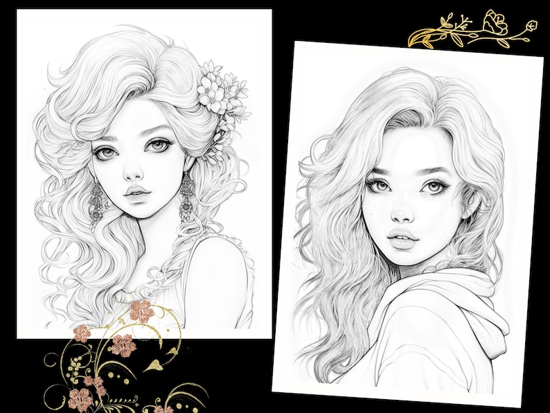 Enchanting Line Drawing Coloring Page of Beautiful Cute Girl - Etsy