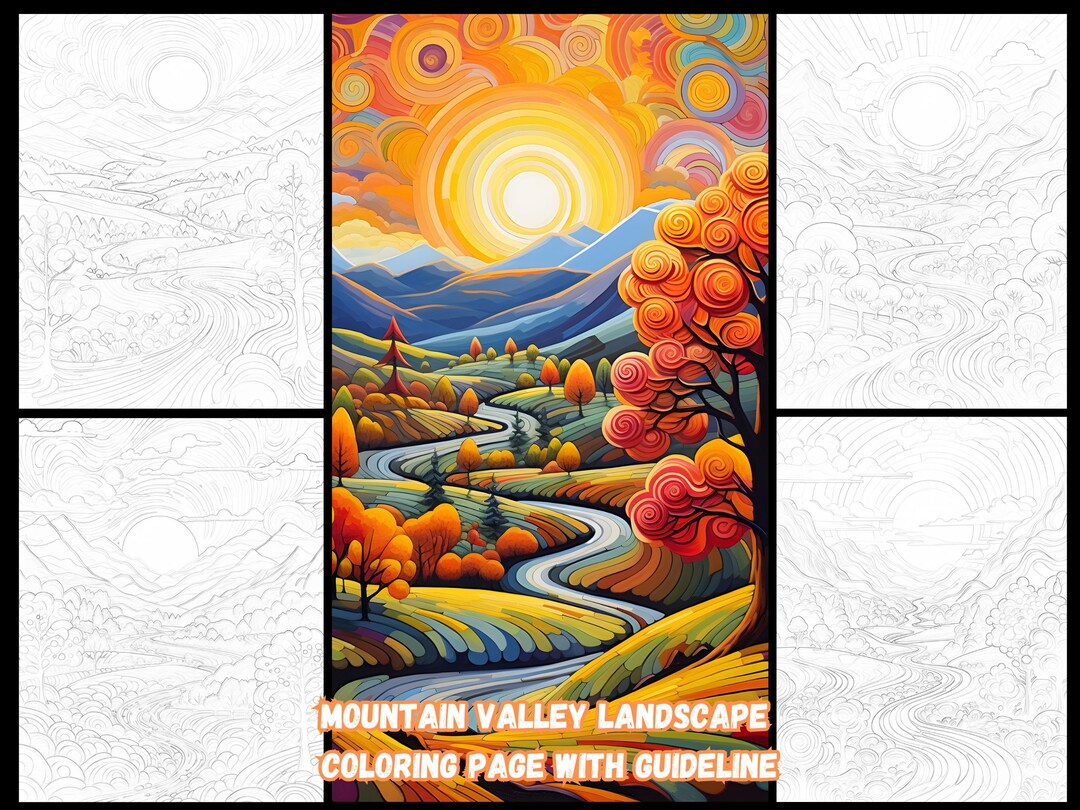 35+ Mountain Valley Landscape Coloring Pages With Guidelines: Printable ...