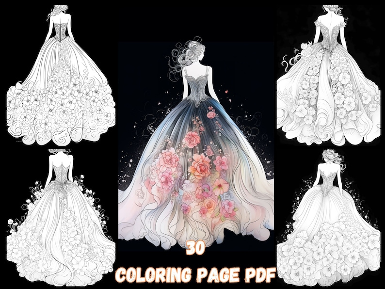 Evening Dress Black Background Coloring Pages Elegant & Fluffy Gowns ...