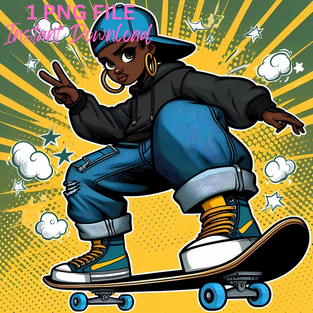 Cartoon Skater Girl Clipart – Baggy Jeans, Bright Sneakers & Comic ...