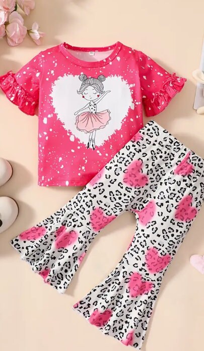 Girls Casual Cute Ruffled Heart Girl Print Top/leopard Flared Pants Set ...