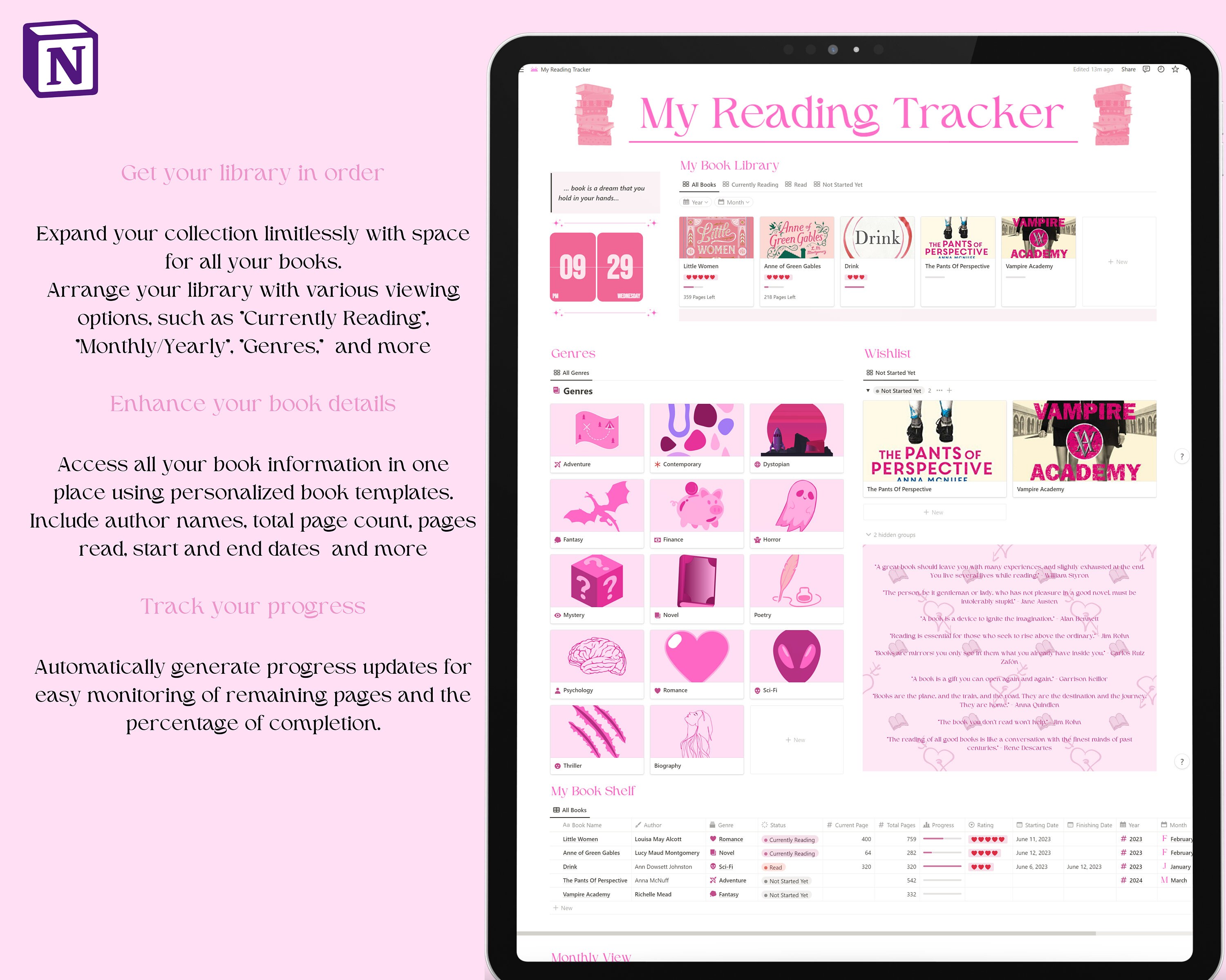 Book Tracker for Notion, Cute Book Planner Notion Template, Notion ...
