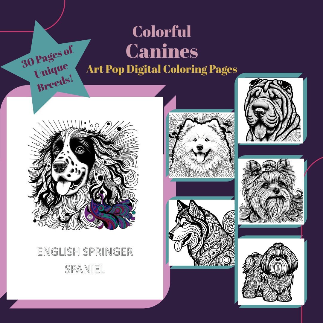 Vibrant Pop Art Digital Coloring Pages, 30 Unique Dog Breeds, Fun ...