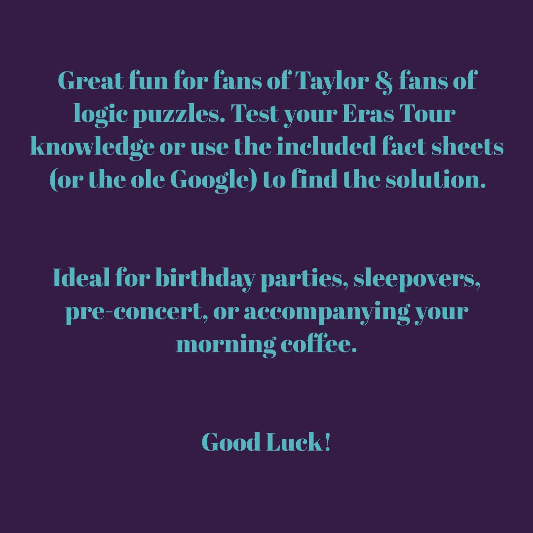 Taylor Swift Eras Tour Inspired Printable Logic Puzzle Game - Challenge ...