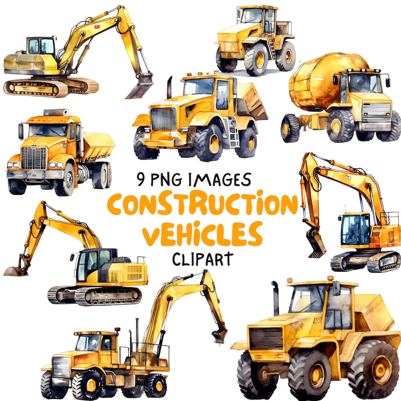 9 Construction Vehicles Clipart Bundle, Watercolor, Nursery Wall Art ...